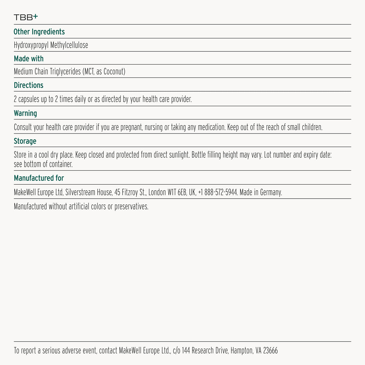 TBB+ – MakeWell US (MakeWell Europe Ltd.)